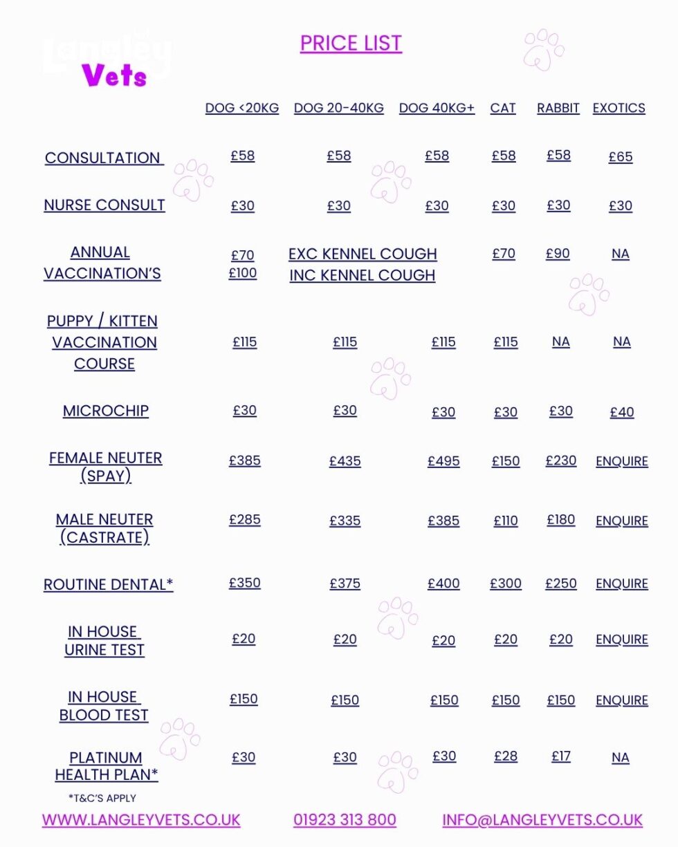 Price List | Langley Vets